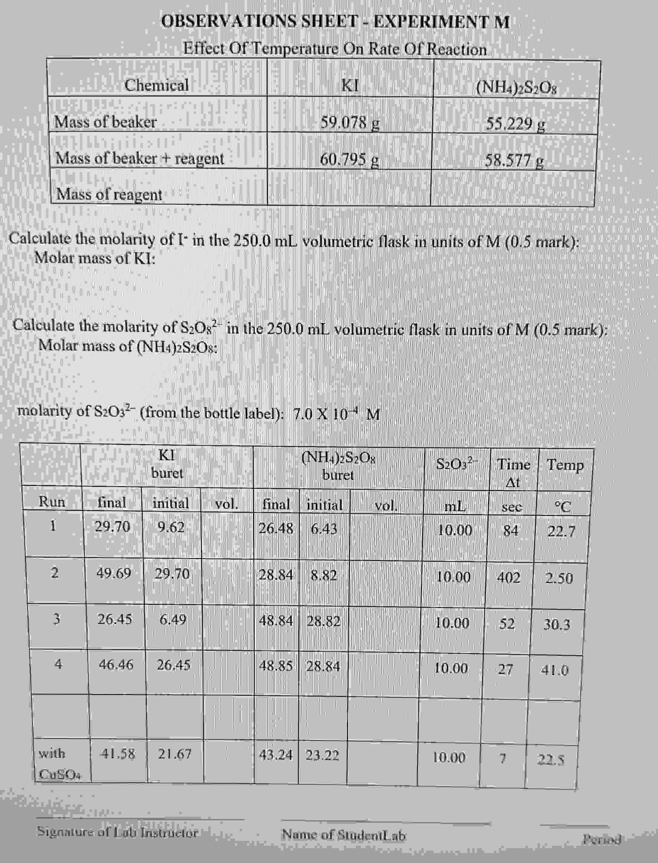 Solved OBSERVATION SHEET FOR EXP M FOR TABLE 1 | Chegg.com