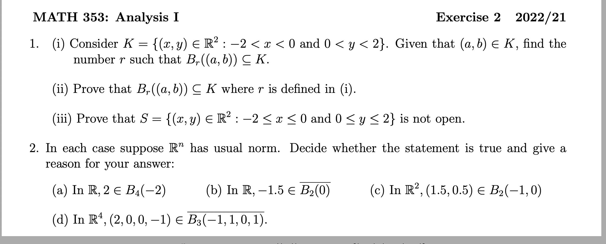 Solved MATH 353: Analysis I Exercise 2 2022/21 - : 1. (i) | Chegg.com