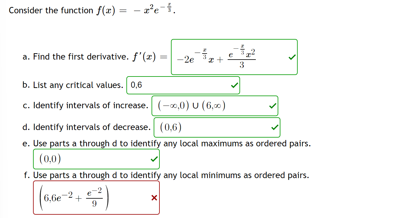 Solved onsider the function f(x)=−x2e−3x a. Find the first | Chegg.com