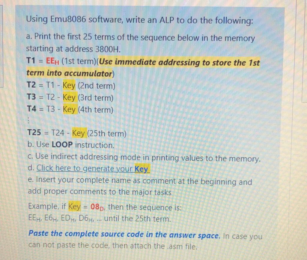 Using Emu8086 software, write an ALP to do the | Chegg.com