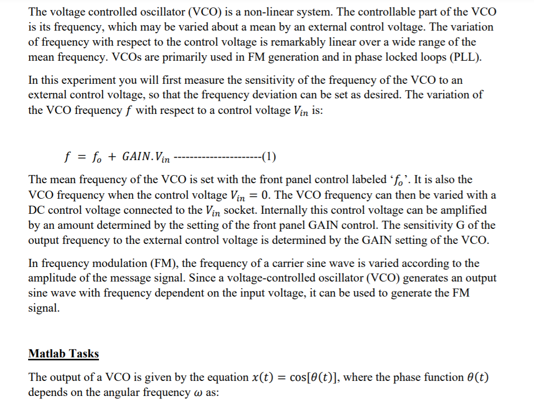 Solved The voltage controlled oscillator (VCO) is a | Chegg.com