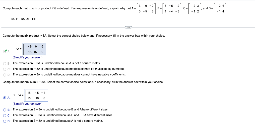 Solved −3A,B−3A,AC,CD Compute the matrix product −3 A. | Chegg.com