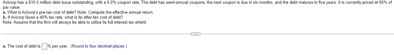 Solved par value. a. What is Avicorp's pre-tax cost of debt? | Chegg.com