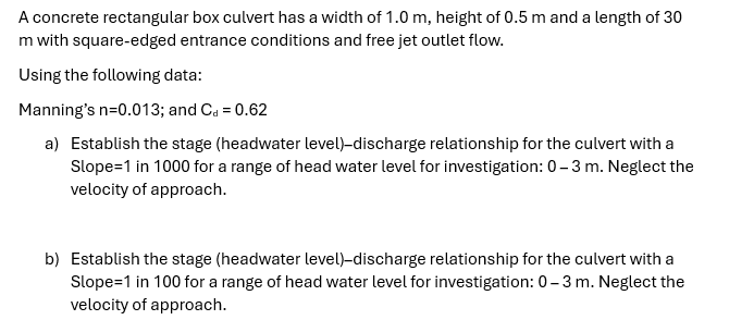 A concrete rectangular box culvert has a width of 1.0 | Chegg.com