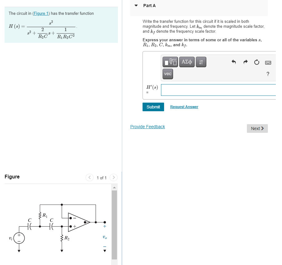 Solved Part AThe circuit in (Figure 1) ﻿has the transfer | Chegg.com