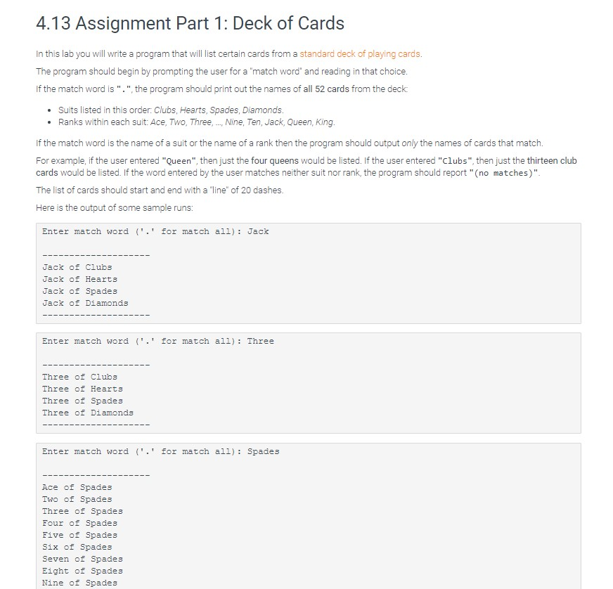 4.13 Assignment Part 1: Deck of Cards In this lab you | Chegg.com