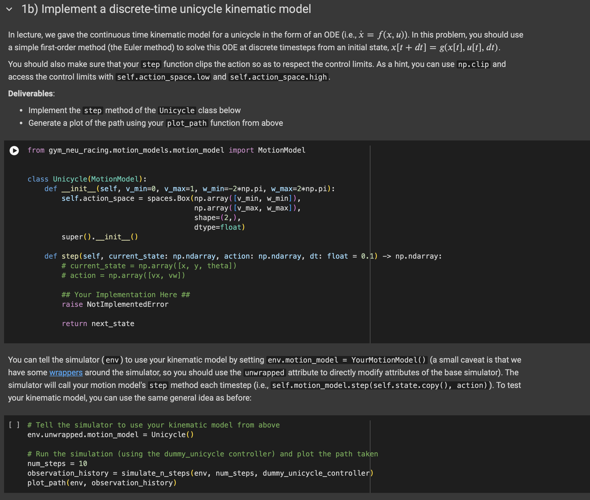 1b) ﻿Implement a discrete-time unicycle kinematic | Chegg.com