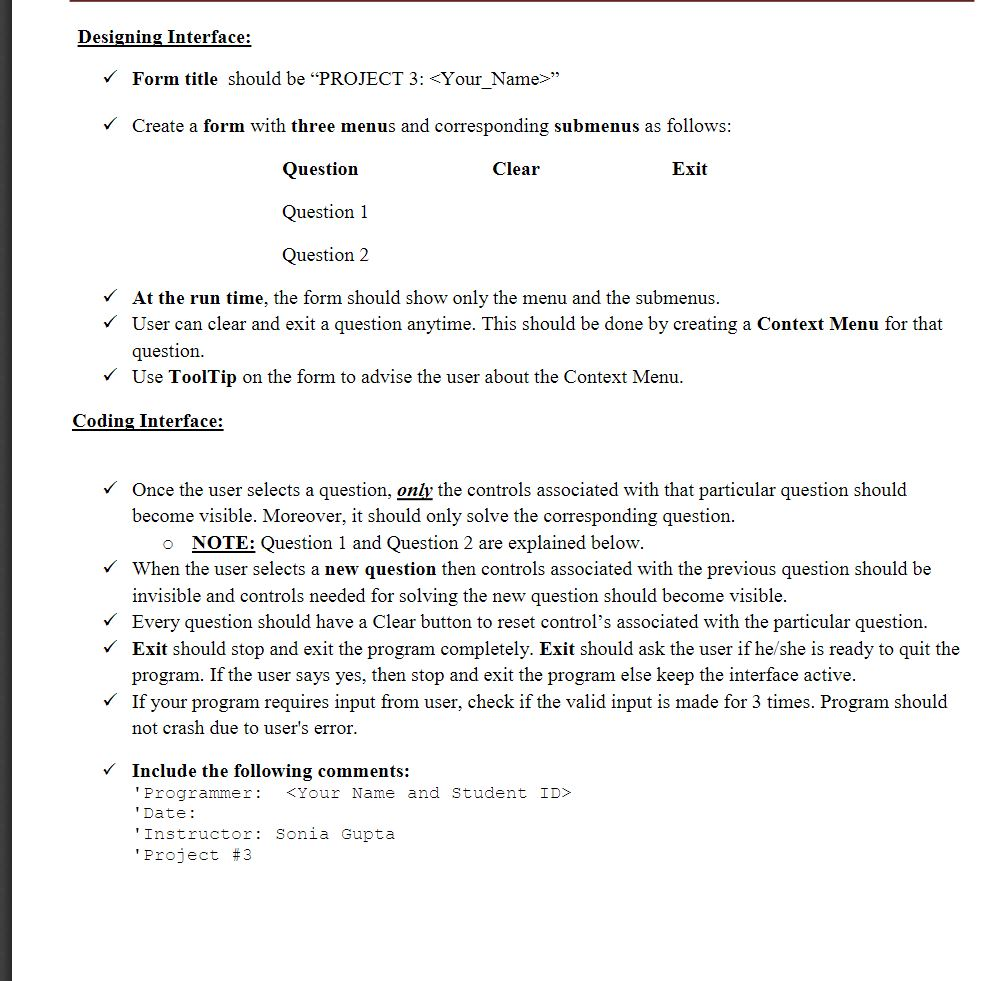 Designing Interface: Form title should be "PROJECT 3: | Chegg.com