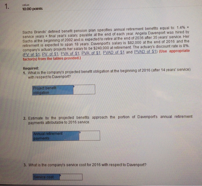 Solved value: 10.00 polnts Sachs Brands' defined benefit | Chegg.com