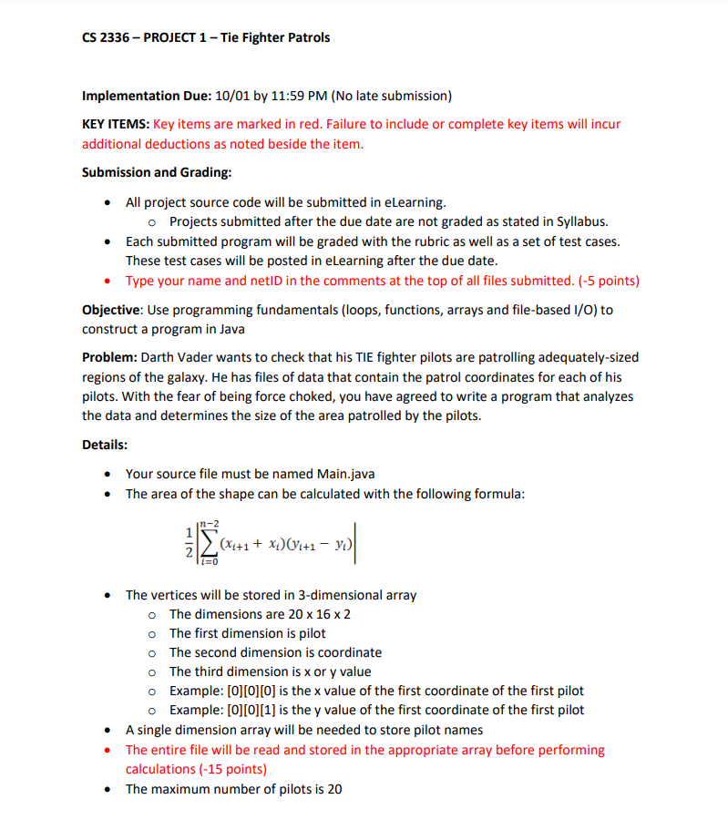 Solved CS 2336 - PROJECT 1 - Tie Fighter Patrols | Chegg.com