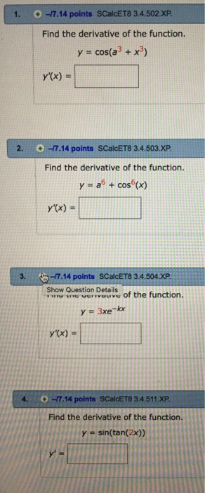 Solved 1. O-7.14 points SCalcET8 3.4.502 XP Find the | Chegg.com Solved 1. O-7.14 points SCalcET8 3.4.502 XP Find the | Chegg.com