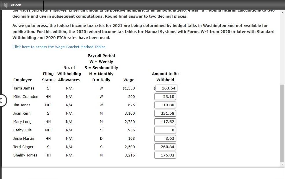Solved 1 eBook Example 4-3 To use the wage-bracket method | Chegg.com