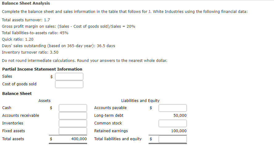 Solved Balance Sheet Analysis Complete the balance sheet and | Chegg.com