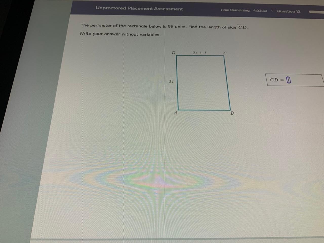 Solved The perimeter of the rectangle below is 96 units. | Chegg.com
