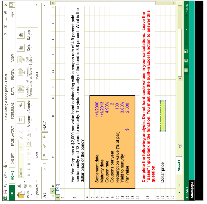 Solved XH 2 + - C X х Calculating a bond price - Excel | Chegg.com