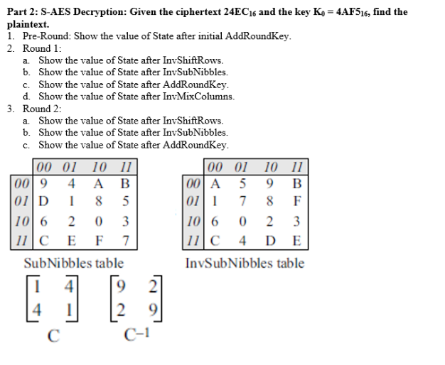 Solved Part 2: S-AES Decryption: Given the ciphertext 24EC16 | Chegg.com