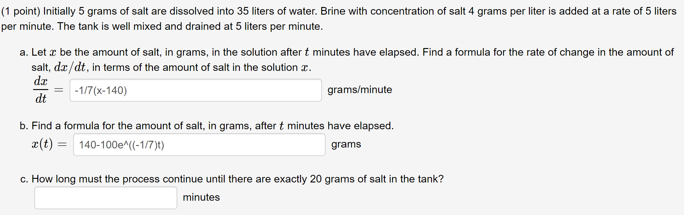 Solved 1 point) Initially 5 grams of salt are dissolved into | Chegg.com