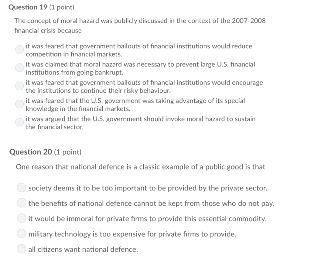 Solved Question 19 (1 point) The concept of moral hazard was | Chegg.com