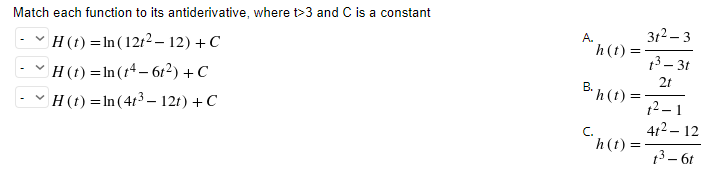 Solved Match each function to its antiderivative, where t>3 | Chegg.com