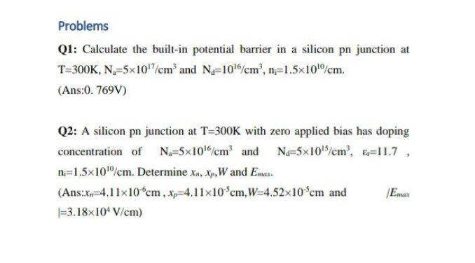 Solved Problems Q1: Calculate the built-in potential barrier | Chegg.com