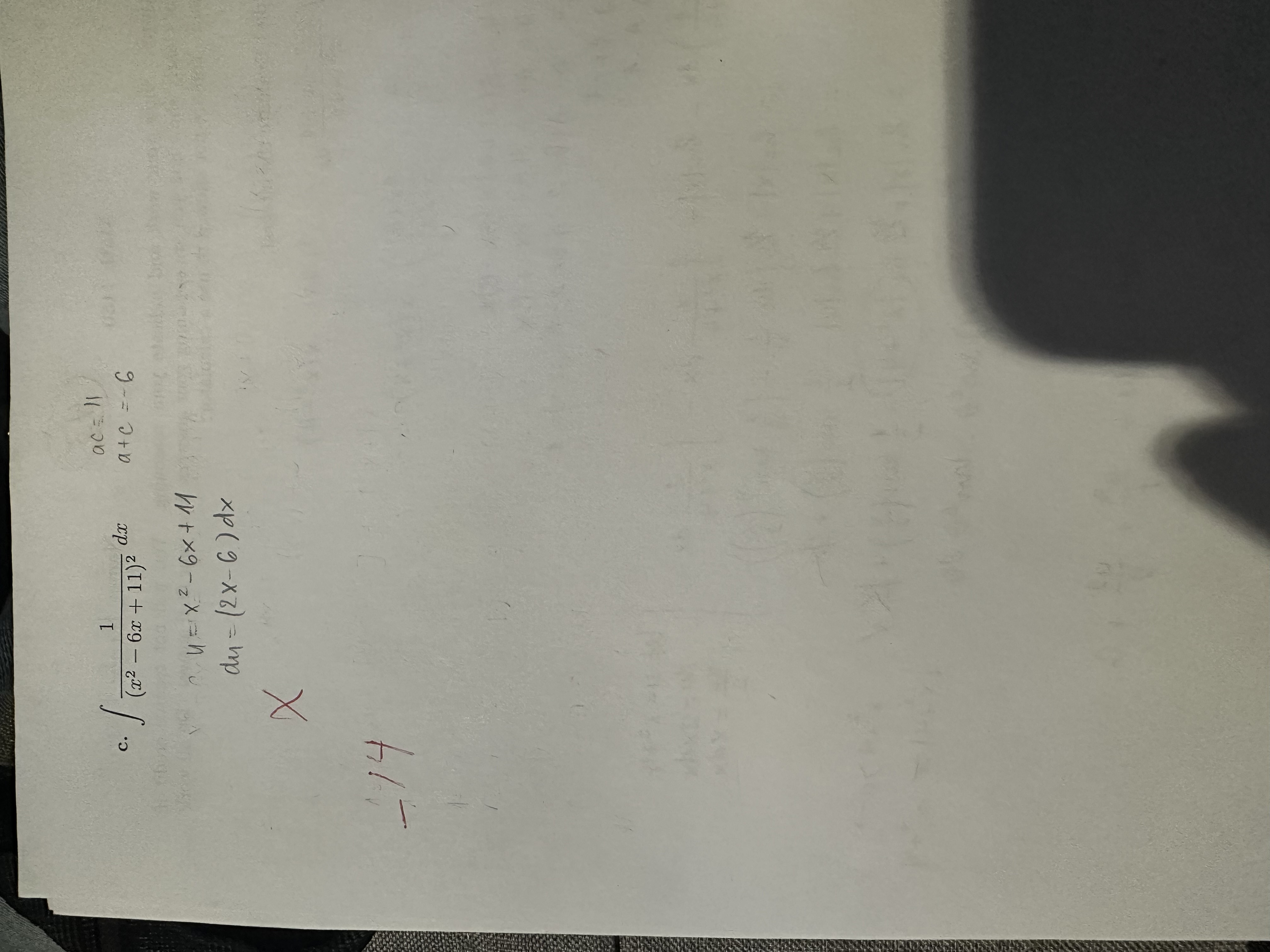 Solved ∫(x2−6x+11)21dxa+c=−6y=x2−6x+11dy=(2x−6)dx | Chegg.com