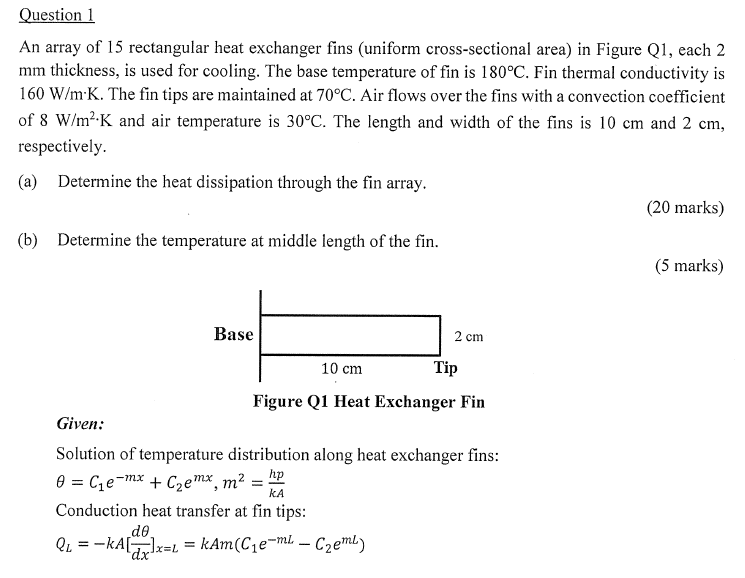 Solved An array of 15 rectangular heat exchanger fins | Chegg.com