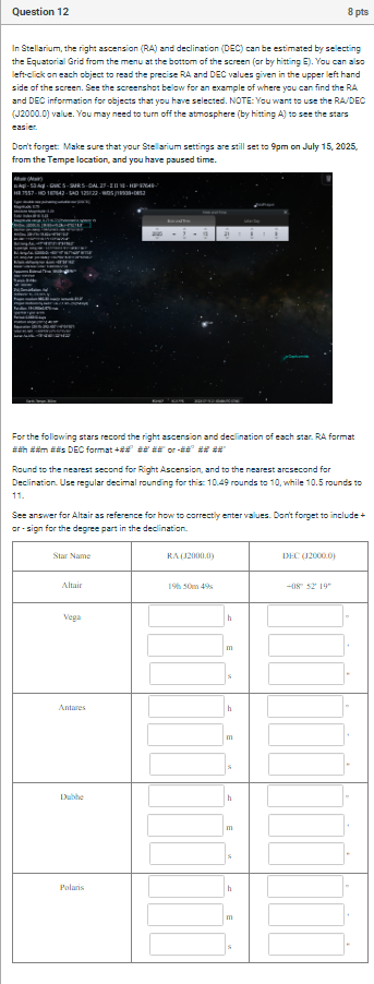 Solved In Stellarium, the right ascension (RA) ﻿and | Chegg.com