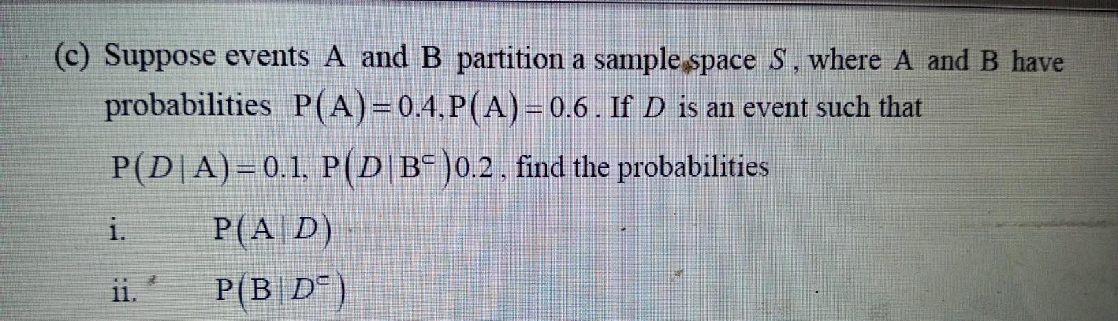 (c) Suppose events A and B partition a sample space | Chegg.com