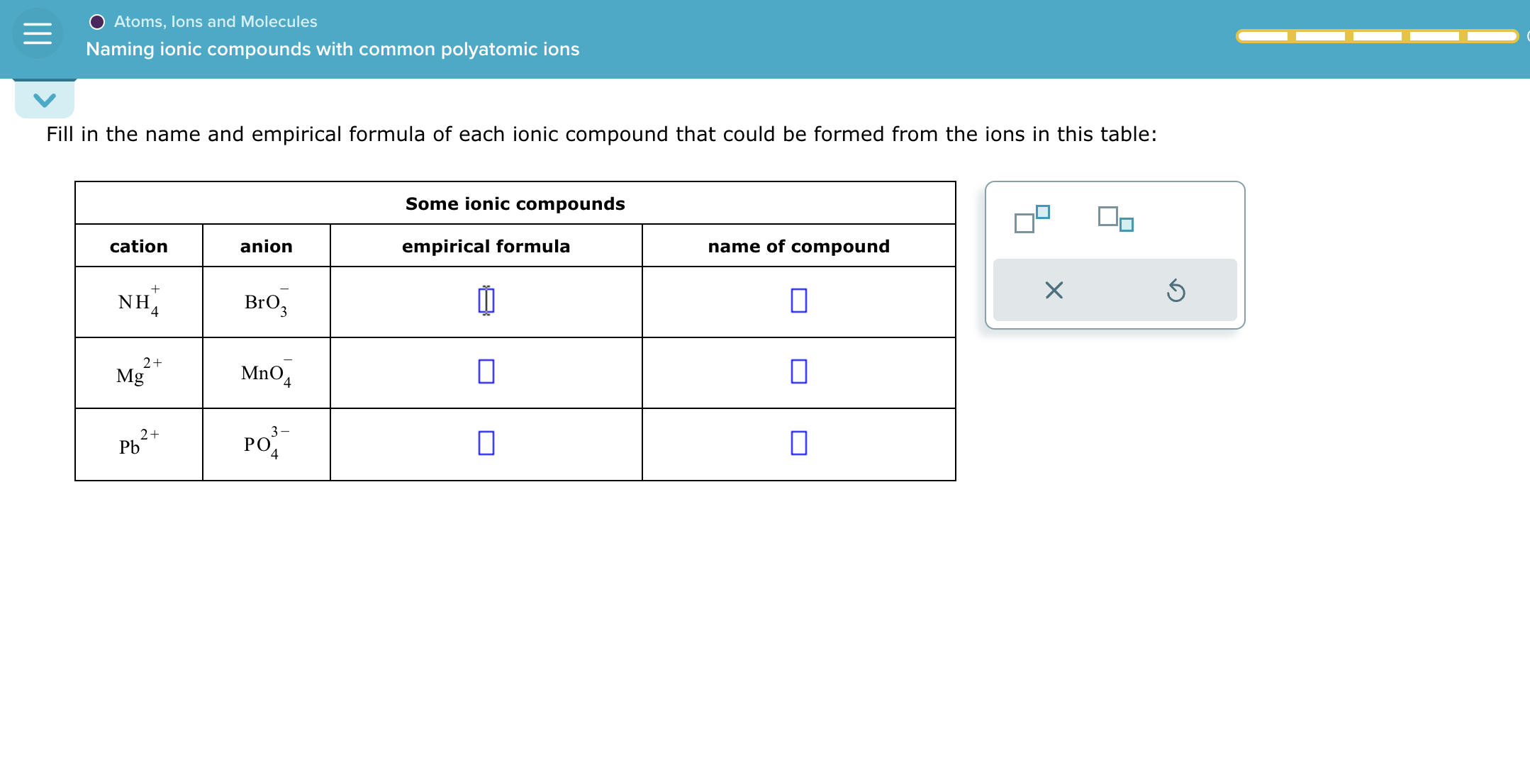 Solved Fill in the name and empirical formula of each ionic | Chegg.com