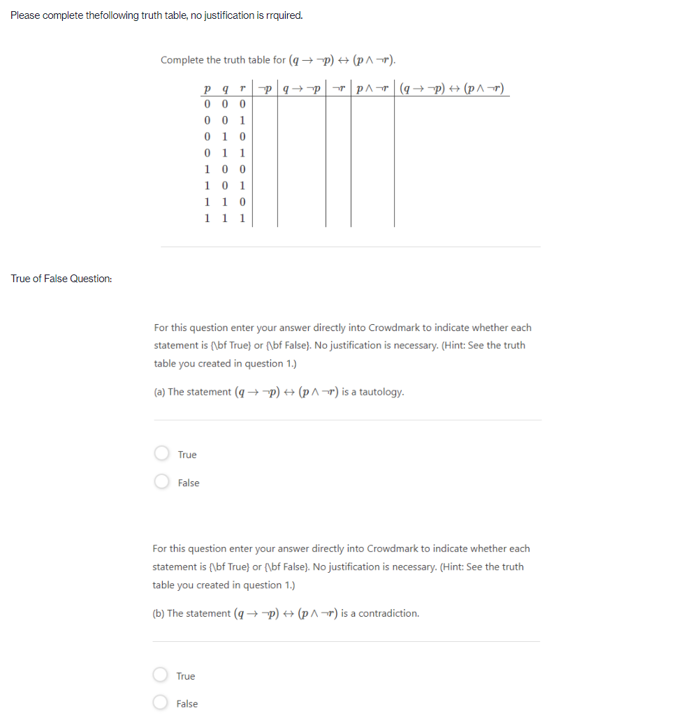 Solved Please complete thefollowing truth table, no | Chegg.com