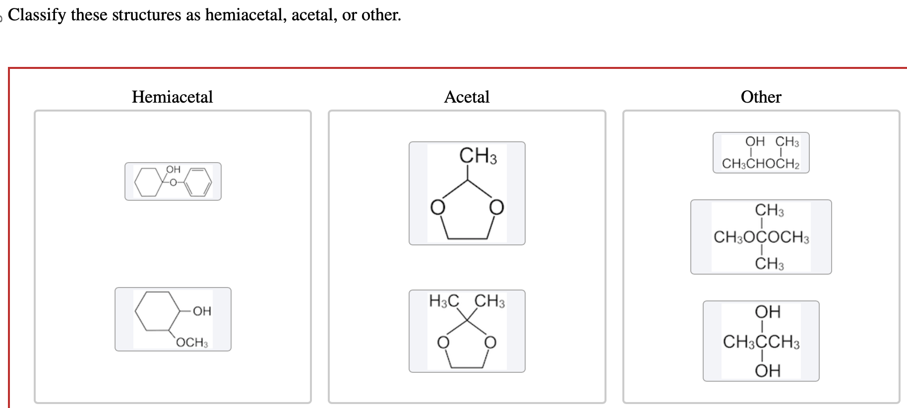 Solved Classify these structures as hemiacetal, acetal, or | Chegg.com