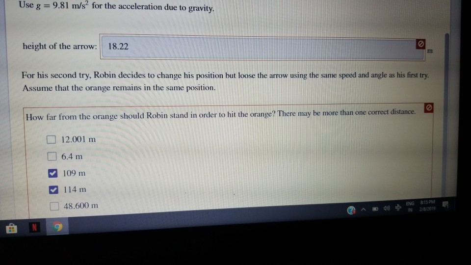 Solved Use g - 9.81 m/s? for the acceleration due to | Chegg.com