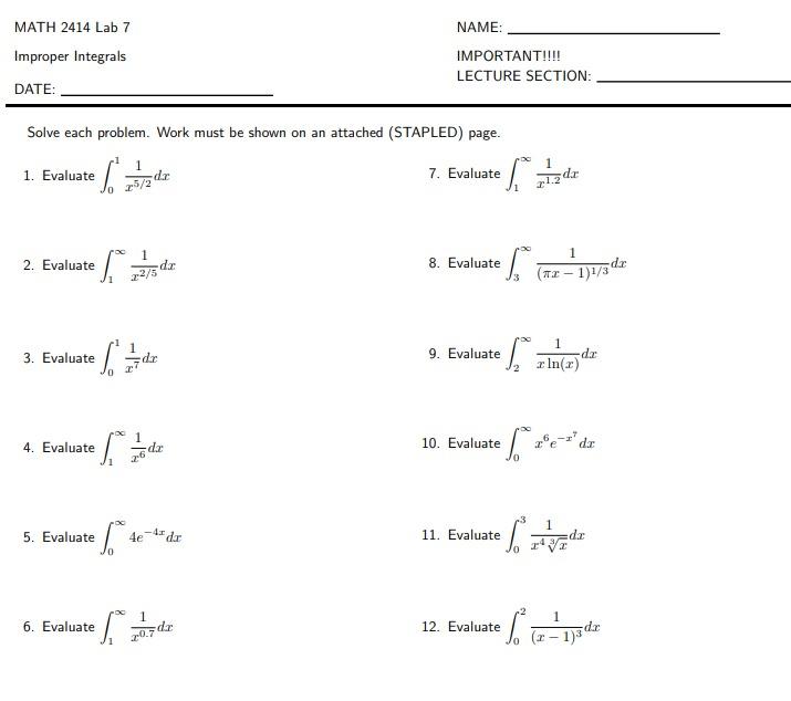 Solved MATH 2414 Lab 7 Improper Integrals DATE: NAME: | Chegg.com