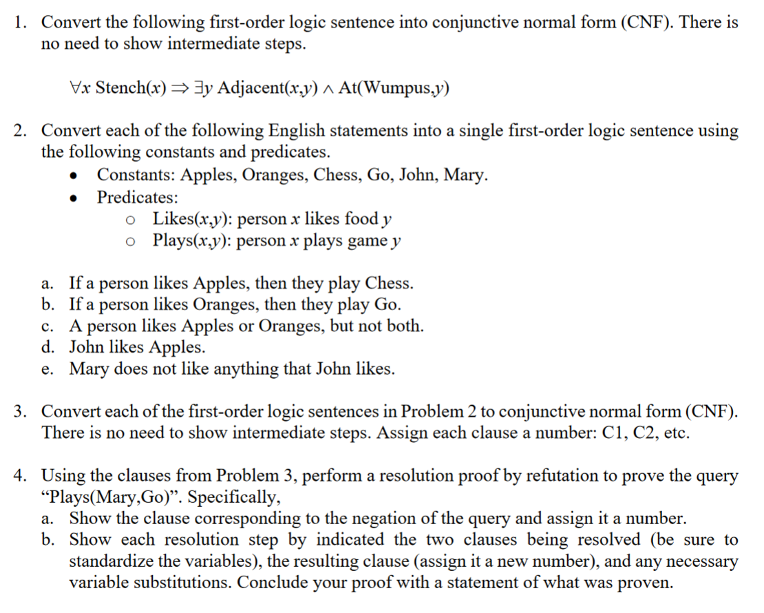 1. Convert the following first-order logic sentence | Chegg.com