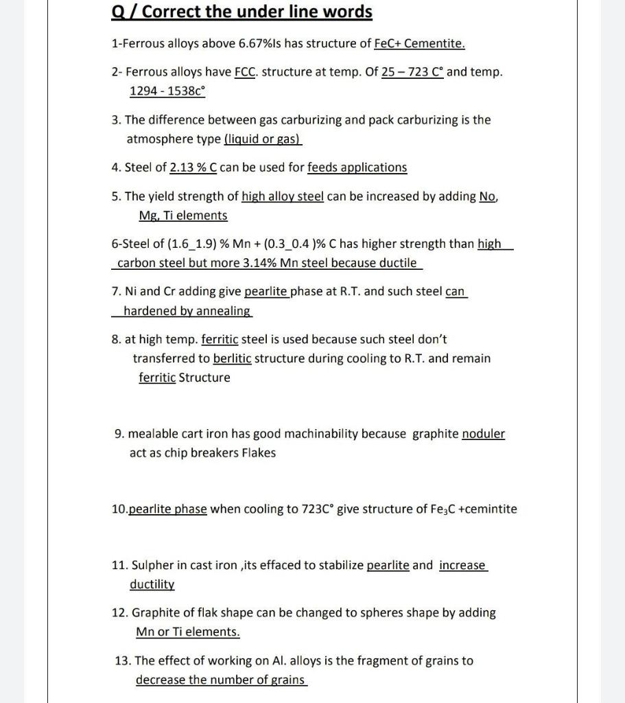 Solved g / Correct the under line words 1-Ferrous alloys | Chegg.com