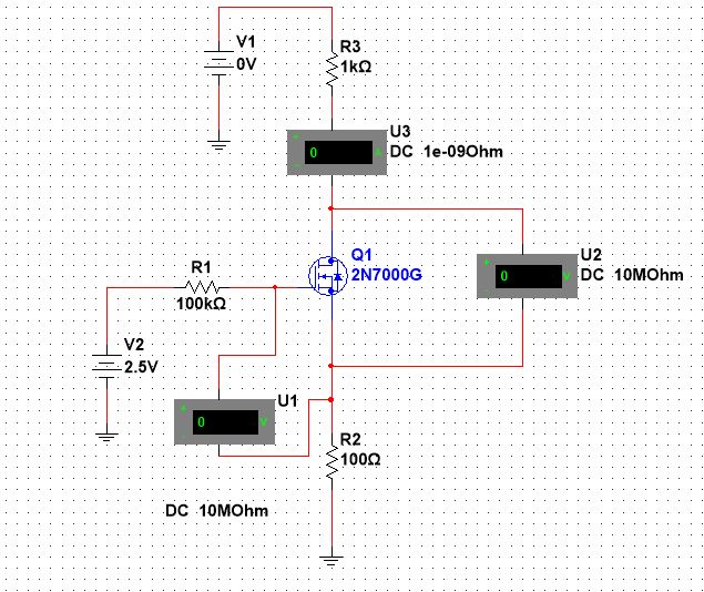 Solved V1 OV R3 1kΩ U3 DC 1e-09Ohm 0 Q1 2N7000G U2 DC 10MOhm | Chegg.com