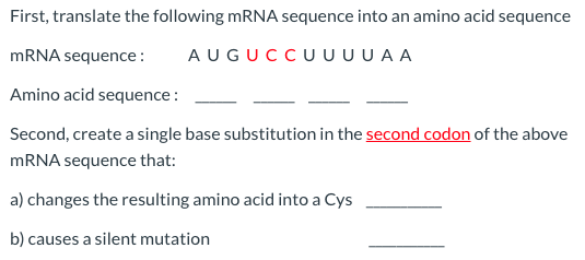 Solved First, translate the following mRNA sequence into an | Chegg.com