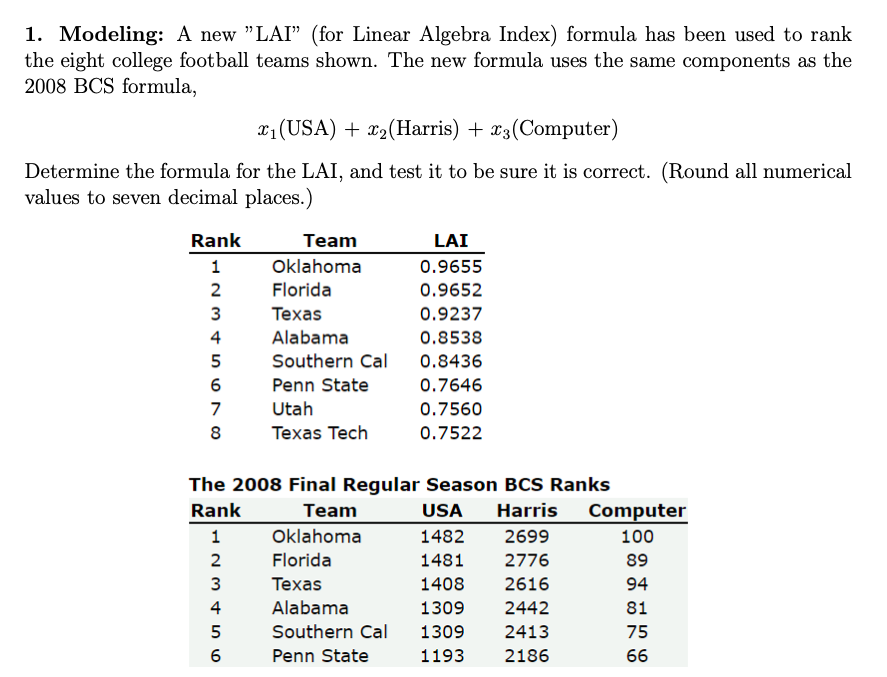 Solved 1. Modeling: A new "LAI” (for Linear Algebra Index) | Chegg.com