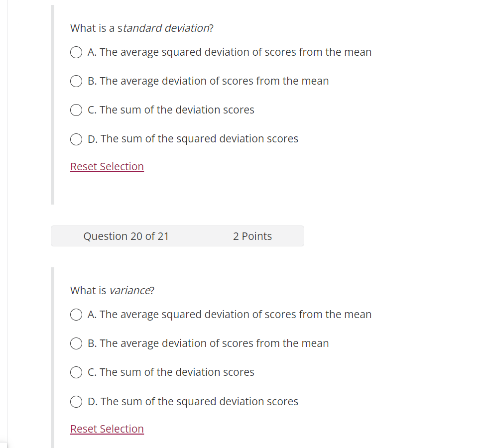 Solved What is a standard deviation? A. The average squared | Chegg.com