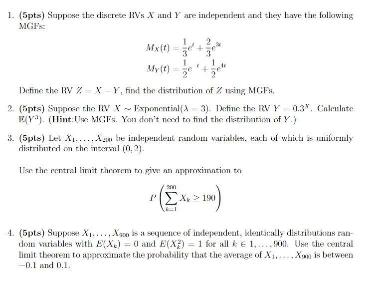 Solved 1. (5pts) Suppose the discrete RVs X and Y are | Chegg.com