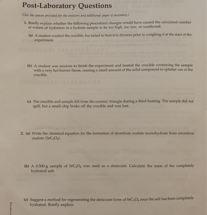 Solved Post-Laboratory Questions (Use the spaces provided | Chegg.com
