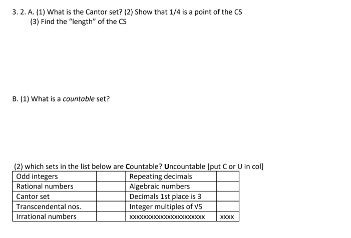 Solved 3.2. A. (1) What is the Cantor set? (2) Show that 1/4 | Chegg.com