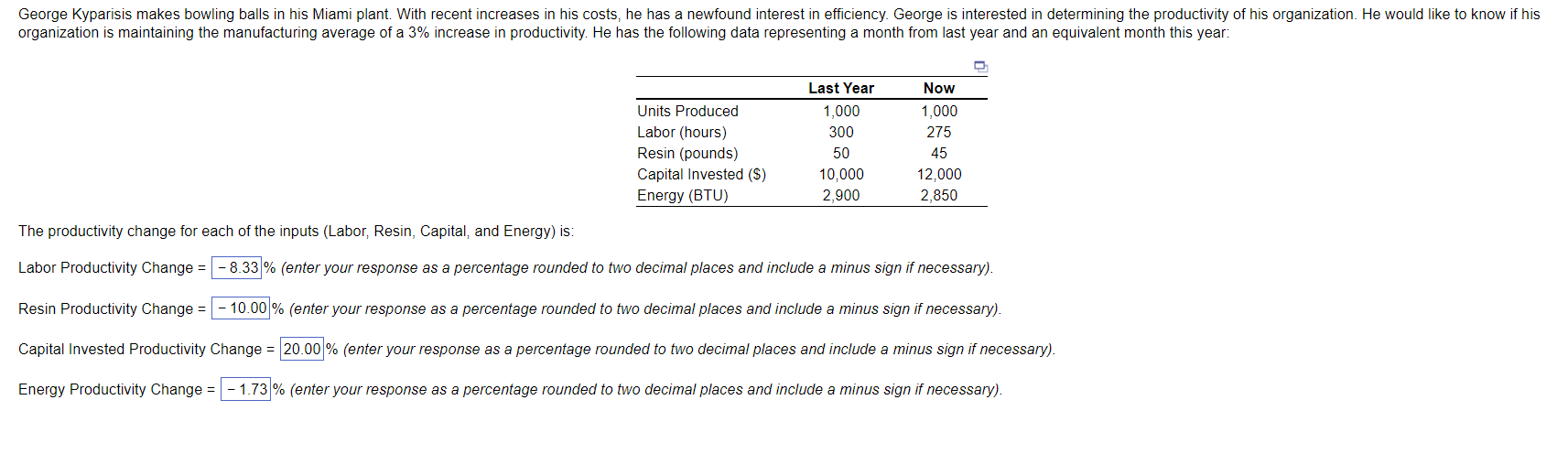 Solved The productivity change for each of the inputs | Chegg.com