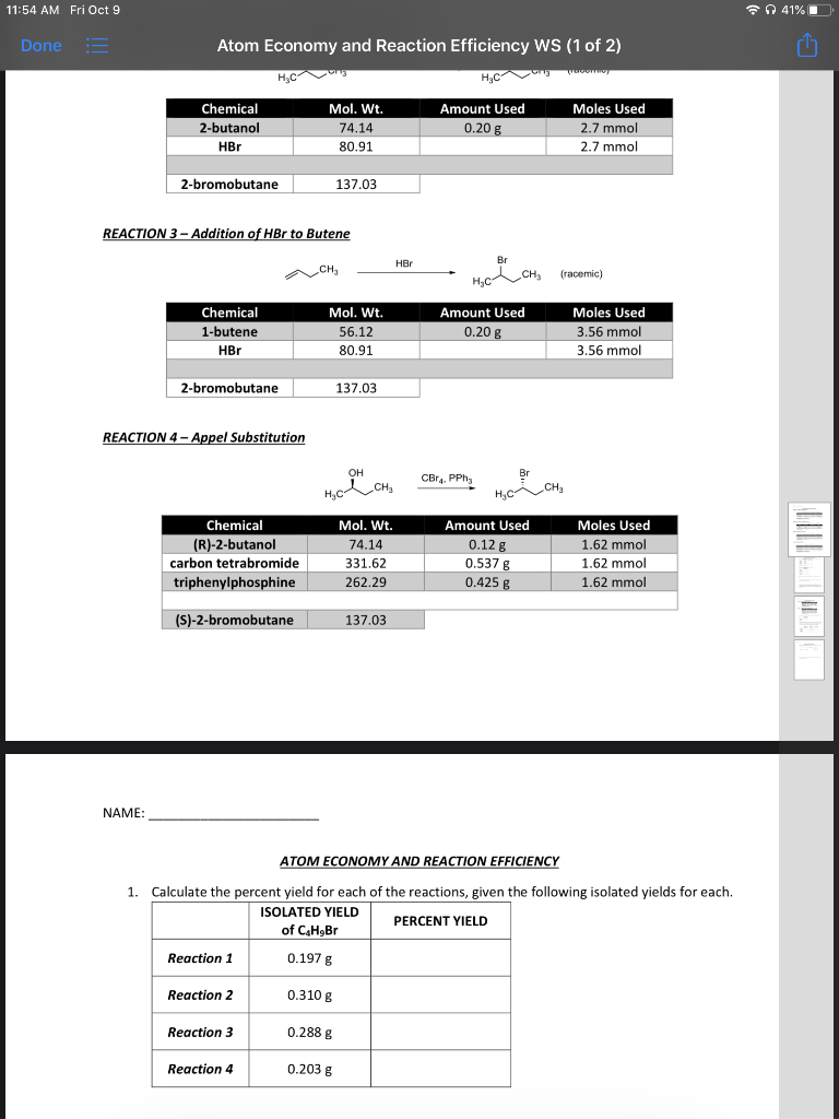 Solved 11:54 AM Fri Oct 9 SO 41% 0 Done Atom Economy and | Chegg.com