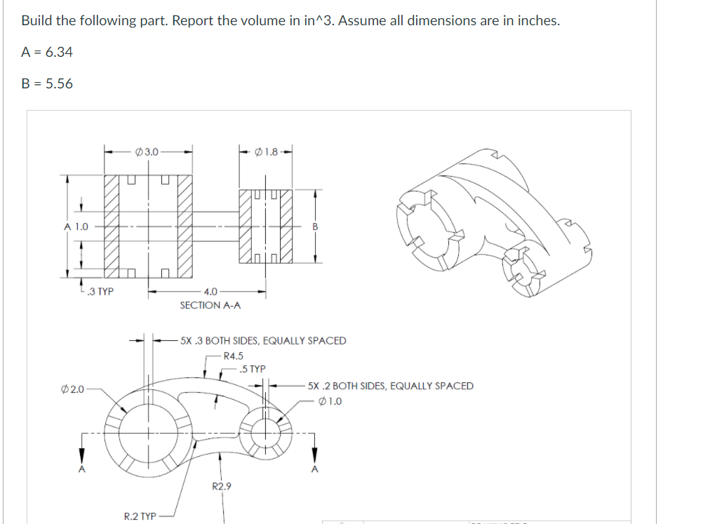 Solved Build the following part. Report the volume in in^3. | Chegg.com
