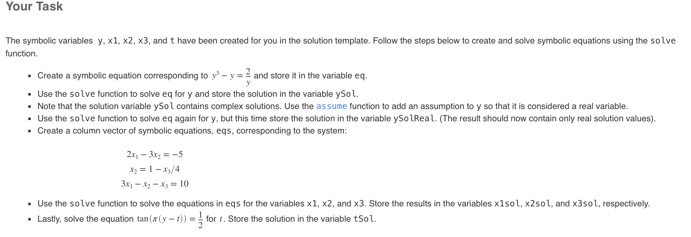 Solved Your Task The symbolic variables y, x1, x2, x3, and t | Chegg.com