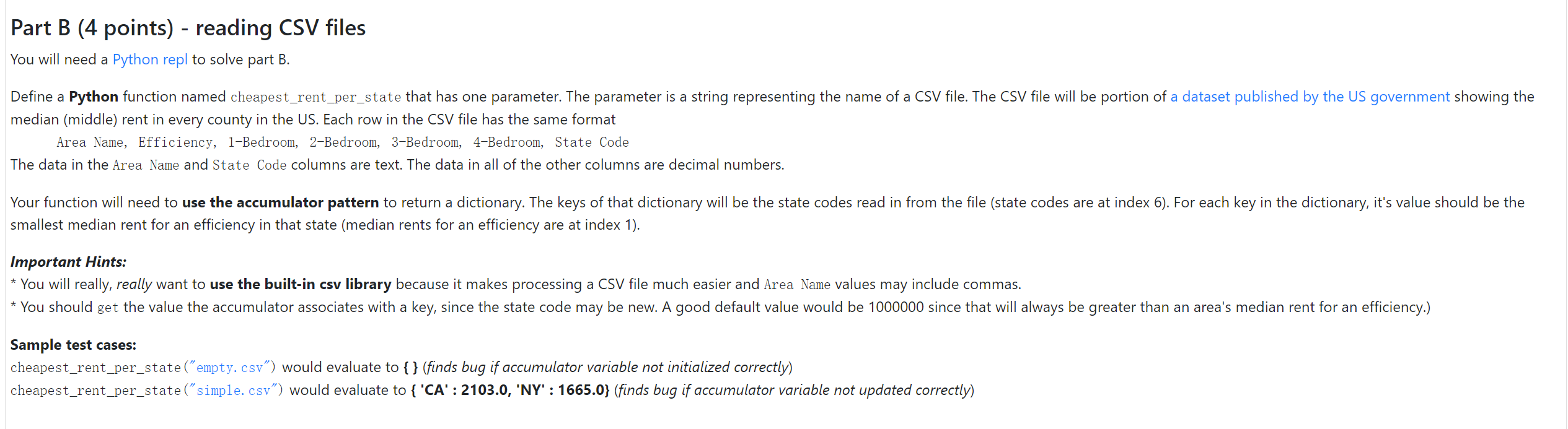 Solved Part B (4 points) - reading CSV files You will need a | Chegg.com