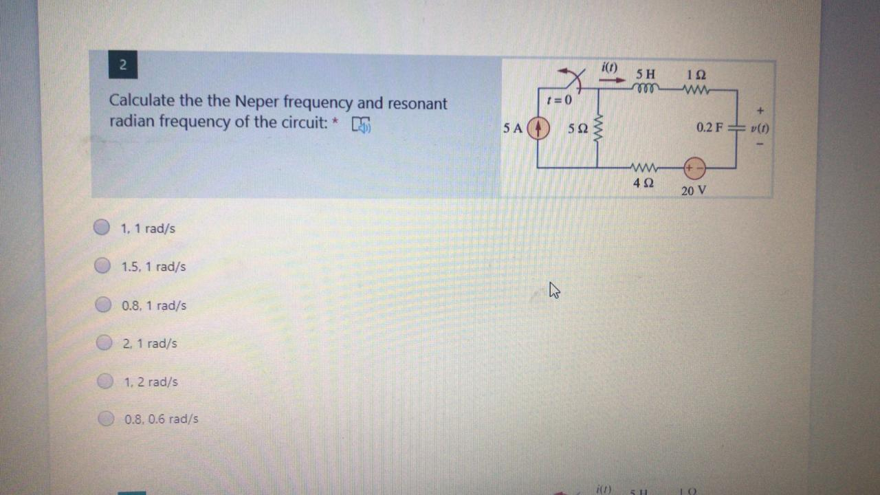 Solved 2 i(1) 5 H 192 1=0 Calculate the the Neper frequency | Chegg.com
