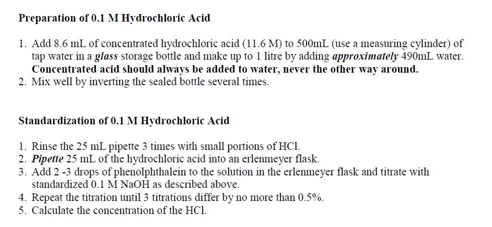 Solved Preparation Of 0 1 M Hydrochloric Acid 1 Add 8 6 Ml