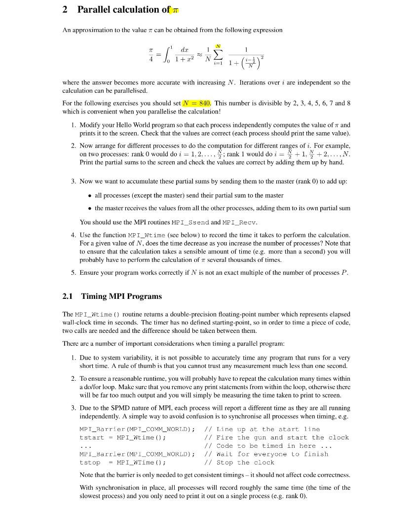 Solved 2 Parallel calculation of An approximation to the | Chegg.com